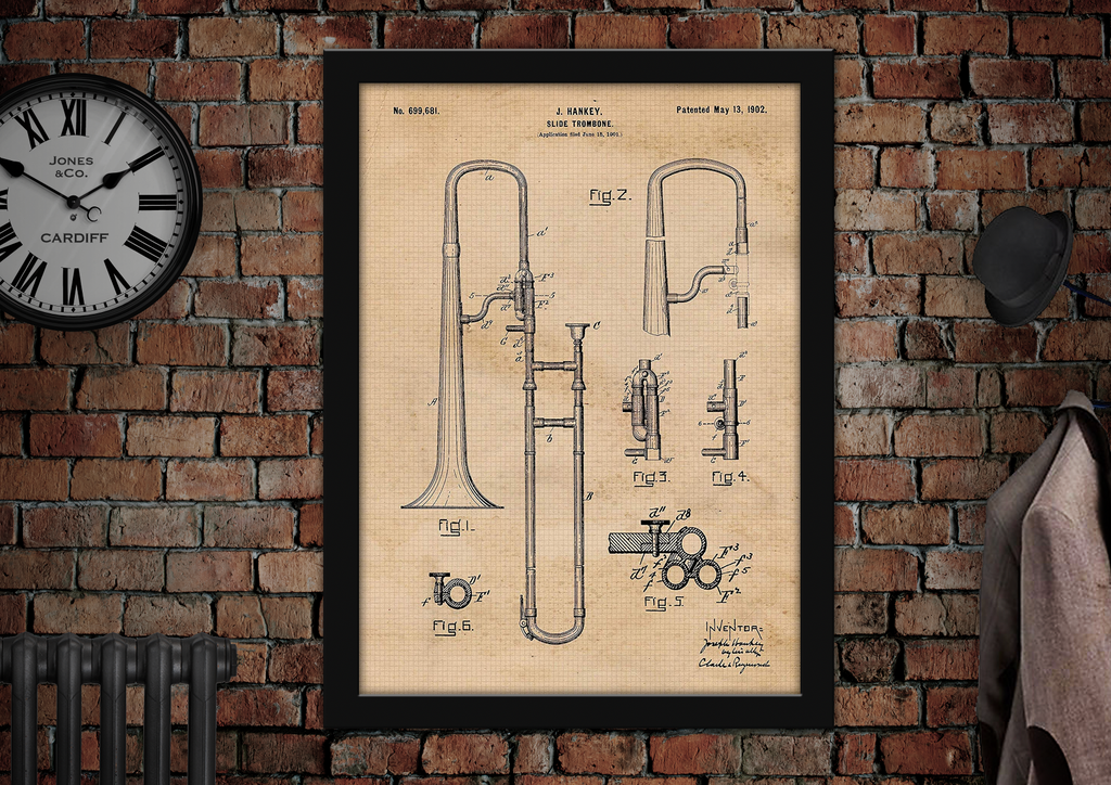 Home › Blueprints › J. Hankey Slide Trombone 1902 Blueprint Patent No ...